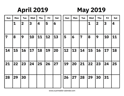 April And May 2019 Calendar – Printable Calendar 2019