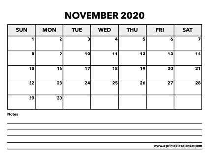 Calendar November 2020 - A Printable Calendar