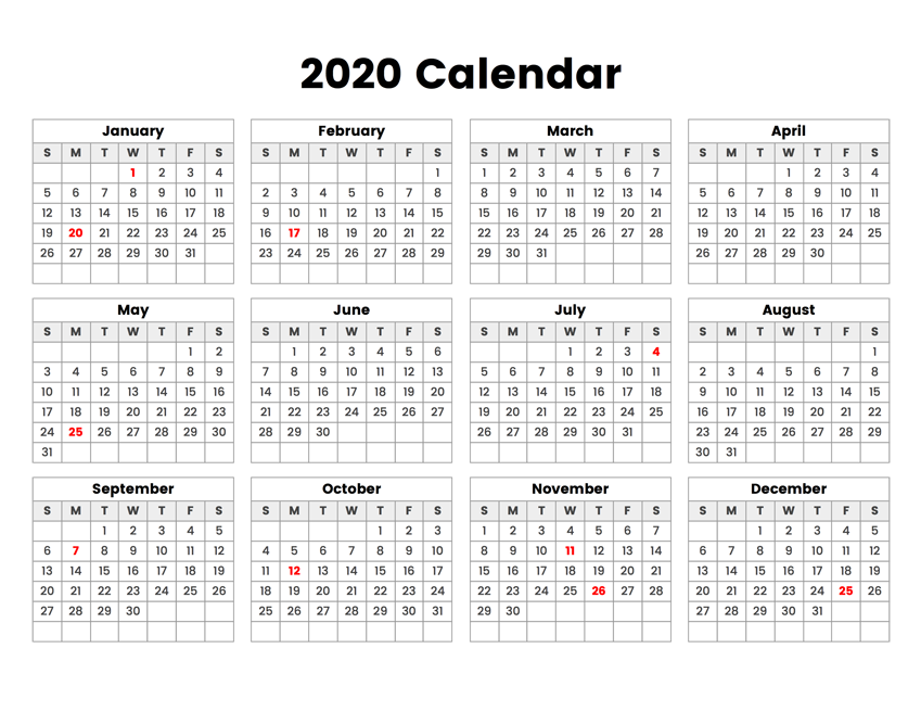 2020 Year Calendar With Holidays