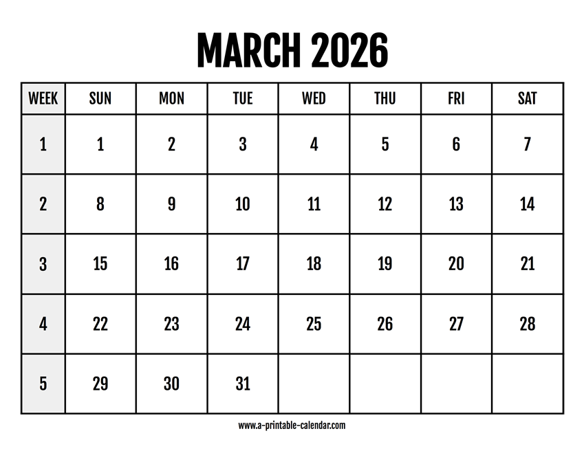 Calendar 2026 March - A Printable Calendar