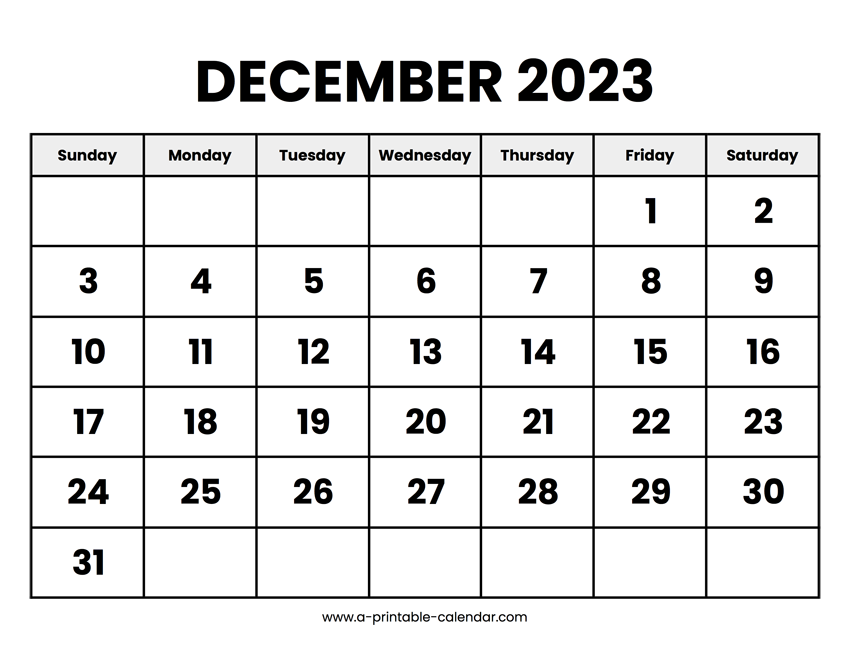December 2023 Calendar Printable A Printable Calendar