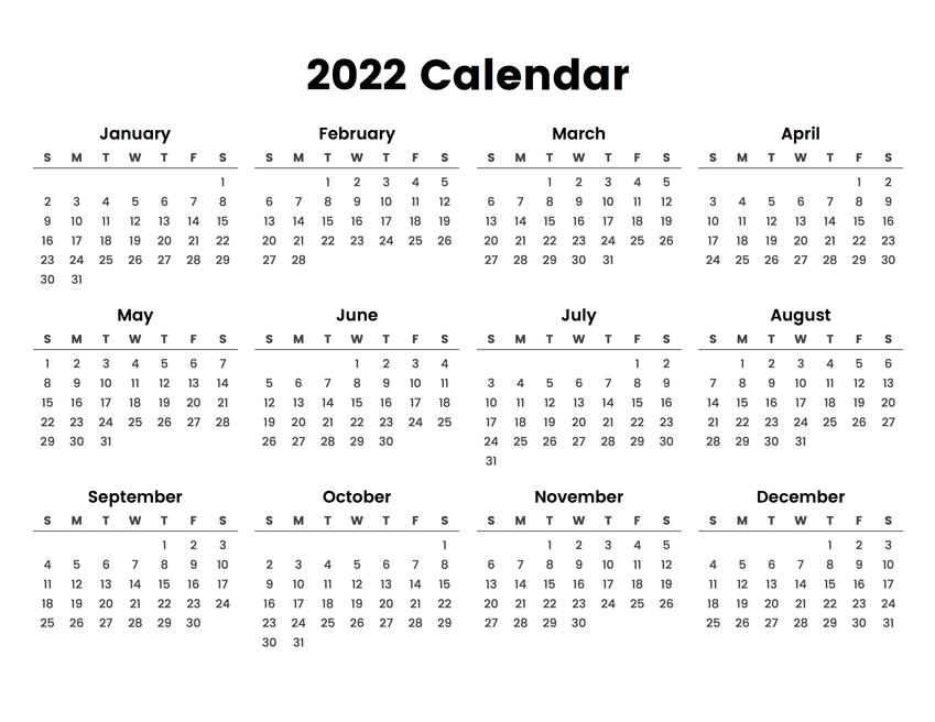 Full Year Calendar 2022