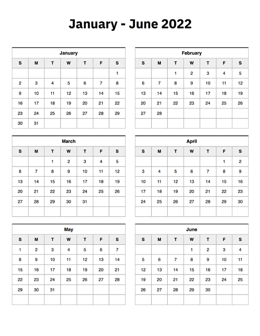 January To June 2022 Calendar