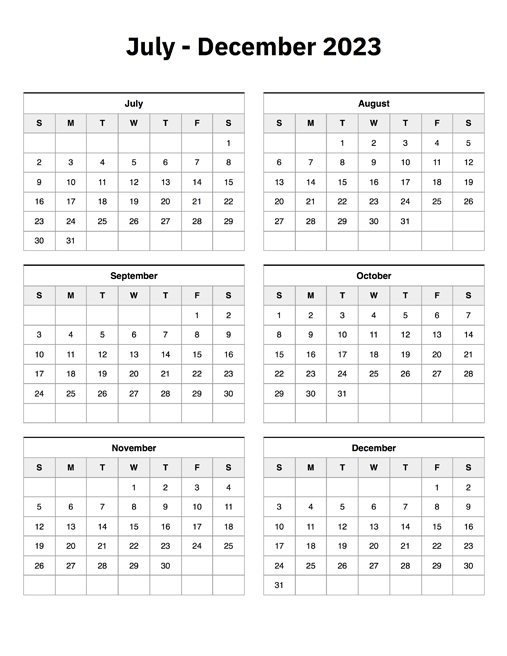 July To December 2023 Calendar A Printable Calendar