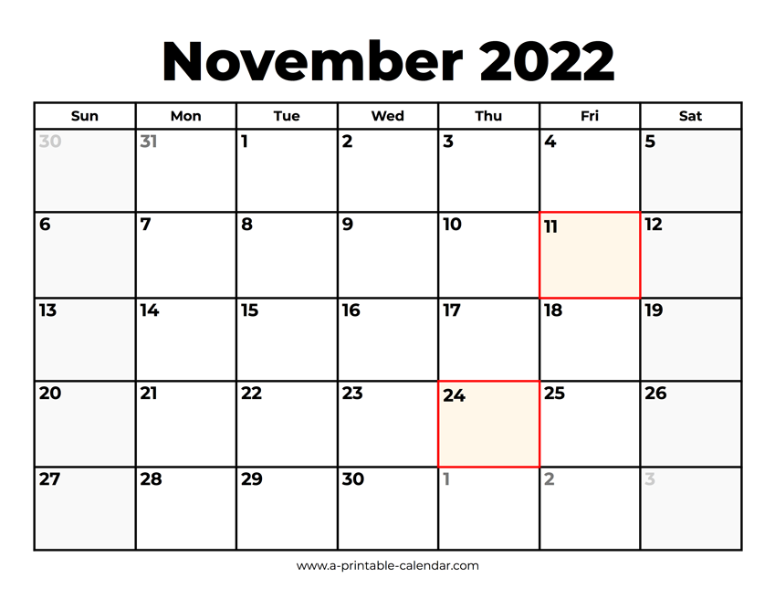 November 2022 Calendar With Holidays A Printable Calendar November 2022 Calendar With Holidays A Printable Calendar