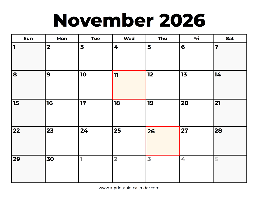 November 2026 Calendar With Holidays - A Printable Calendar